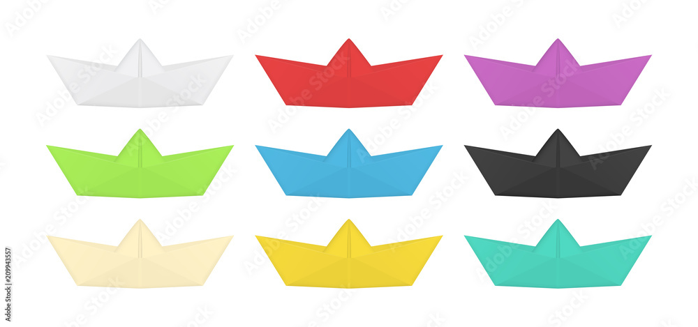 Collection of colored origami boat. Folded paper ship set. Isolated ...