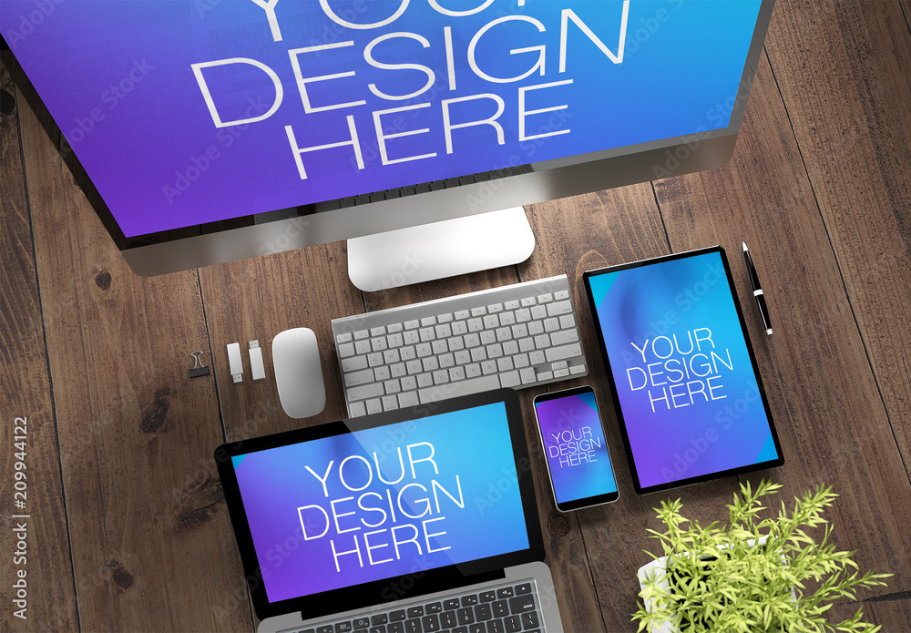 Top View of Devices on Wooden Desk Mockup Stock Template | Adobe Stock