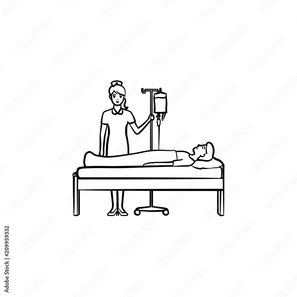 Female doctor standing near the bed with dropper hand drawn outline ...