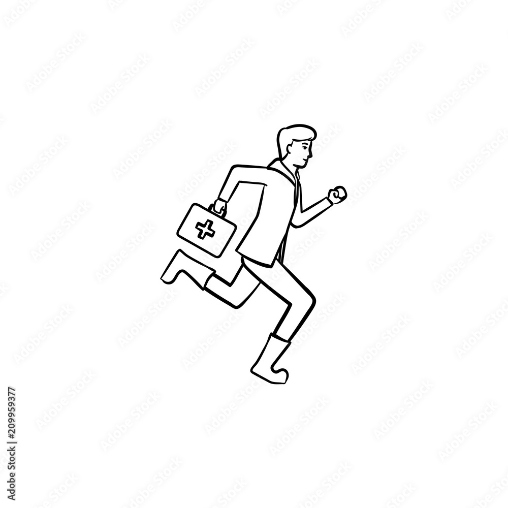 Paramedic running with first aid kit in arm hand drawn outline doodle ...