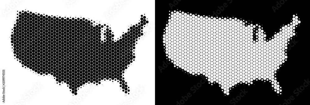 Pixel halftone USA map. Vector geographic map on white and black ...