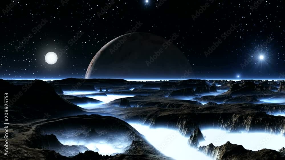 Sunrise Illuminates Alien Planet. In a dark starry sky, a huge planet ...