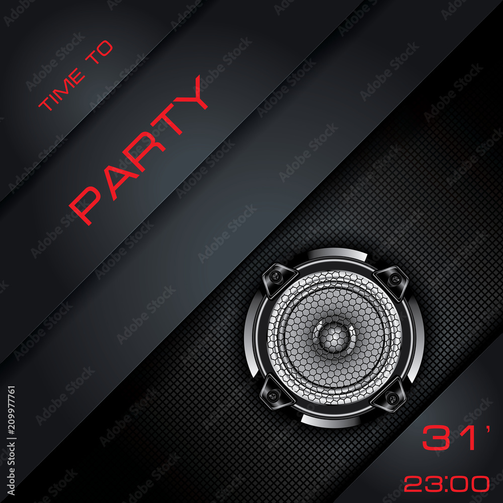 Audio speaker on abstract black background. Party time. Vector template ...