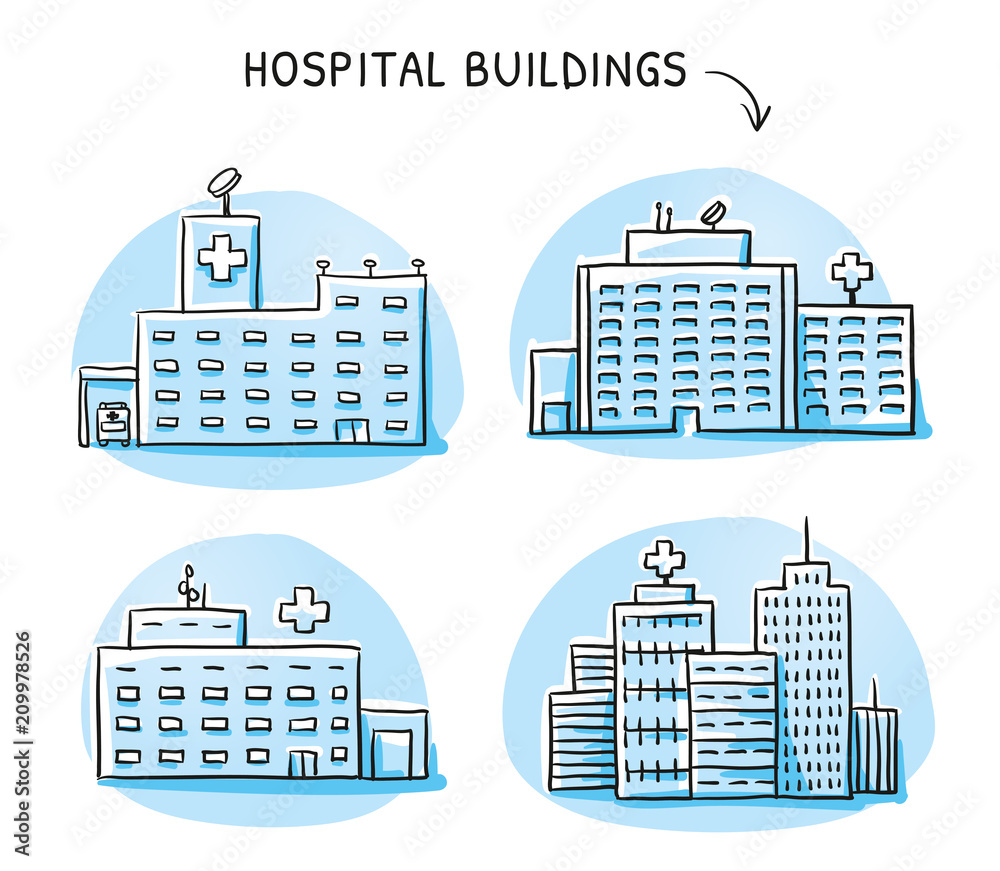 Set of different hospital buildings, medical center. Hand drawn cartoon ...