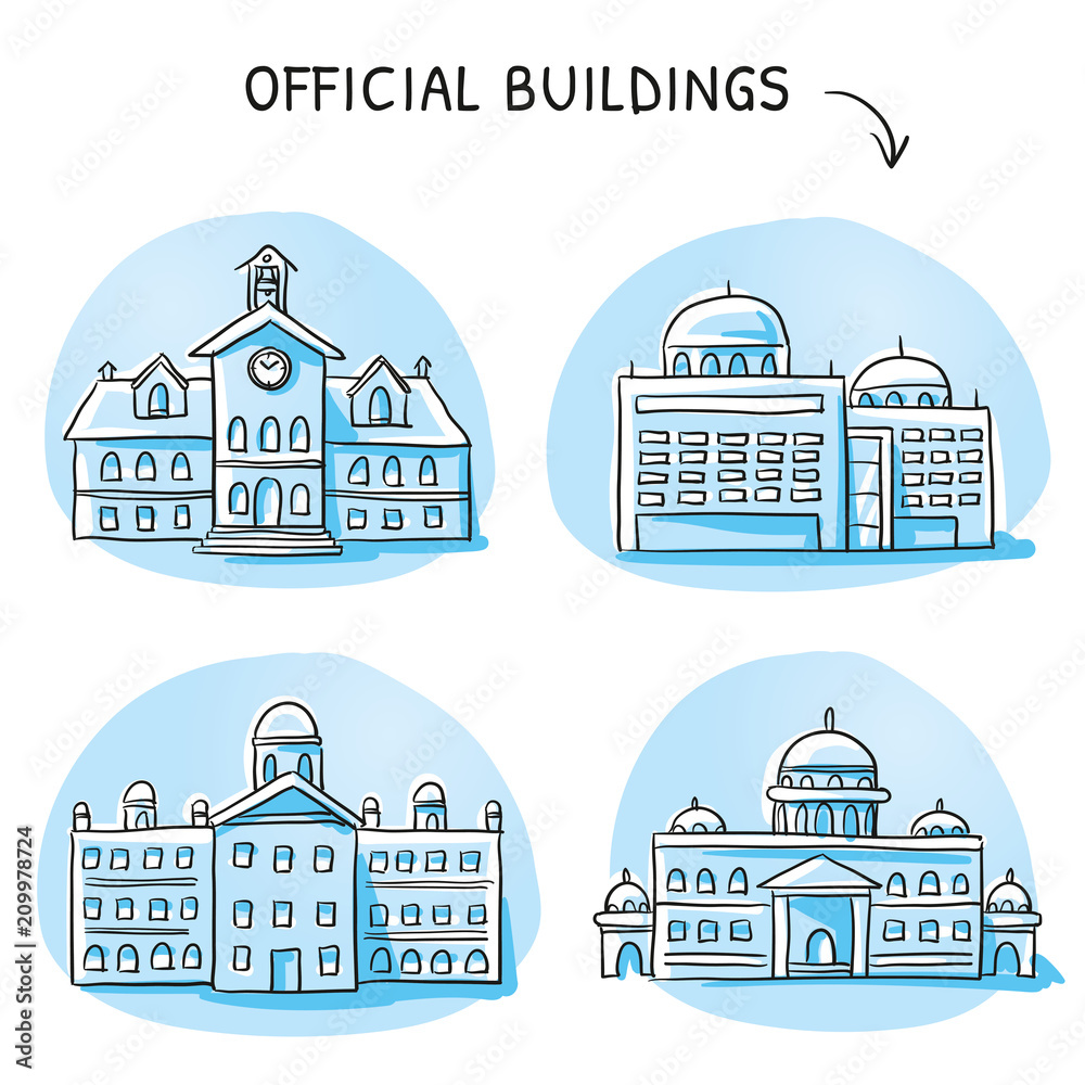 Set of different official buildings, central station, city hall, court ...