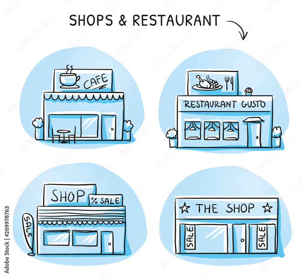Set of different shop and restaurant buildings, cafe, store. Hand drawn ...