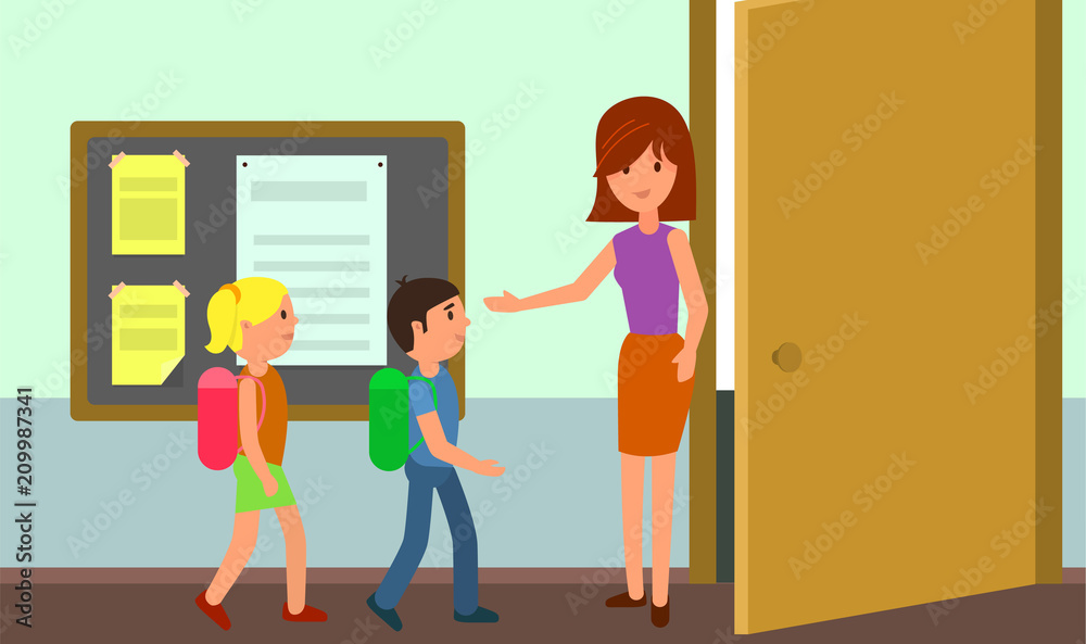 Kids enter classroom background. Flat illustration of kids enter ...