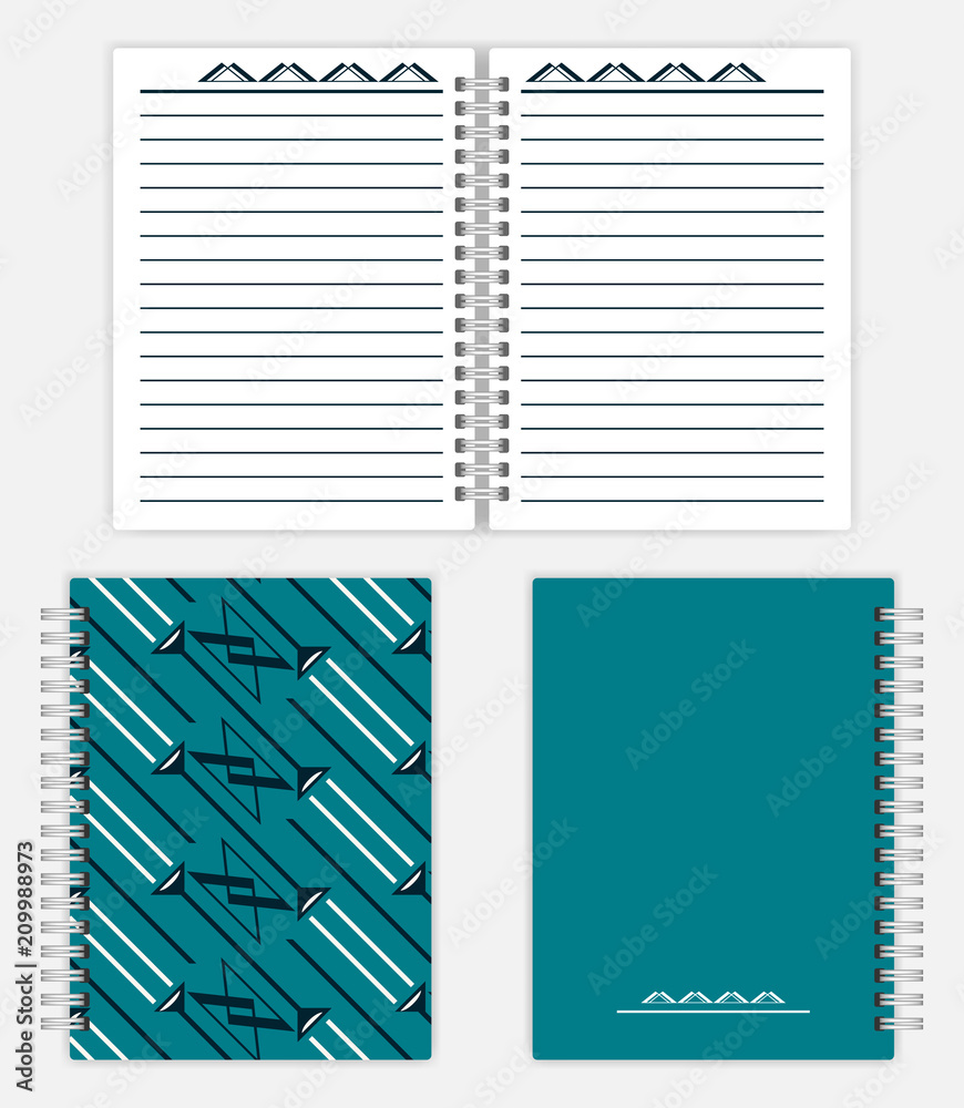 Spiral bound notebook mock-up design - spread, front and back cover ...