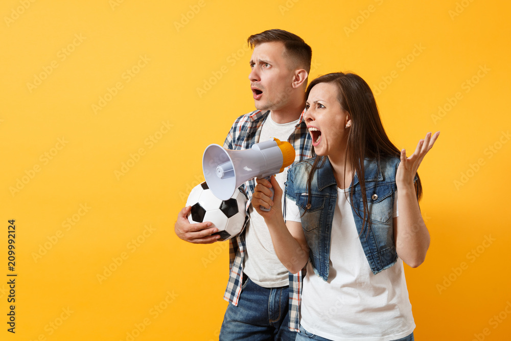Angry expessive crazy couple, woman man football fans screaming, upset ...