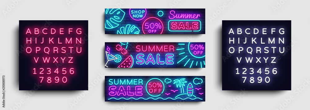 Summer Sale Neon collection horizontal Banner Vector. Advertising ...