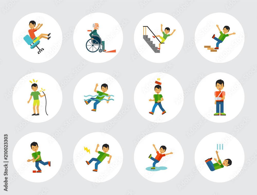 Accident Icon Set. Falling From Chair Falling Down Stairs Boy Slipping ...