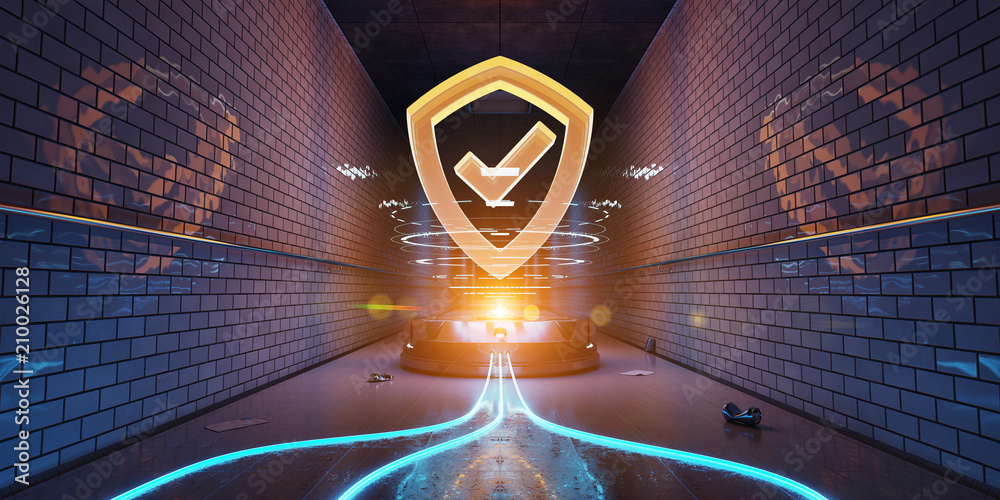 Underground cyber security hologram with digital shield 3D rendering ...