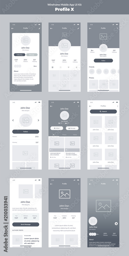 Wireframe kit for mobile phone. Mobile App UI, UX design. New profile ...