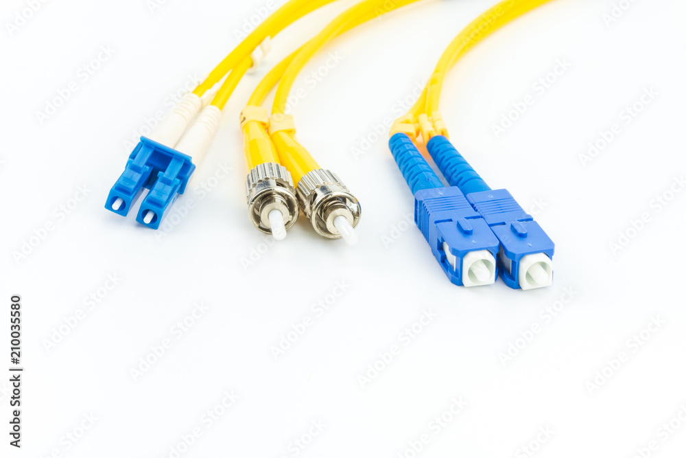 Poster Single mode fiber optic cables patch cord with LC, SC and ST connector type on w ...