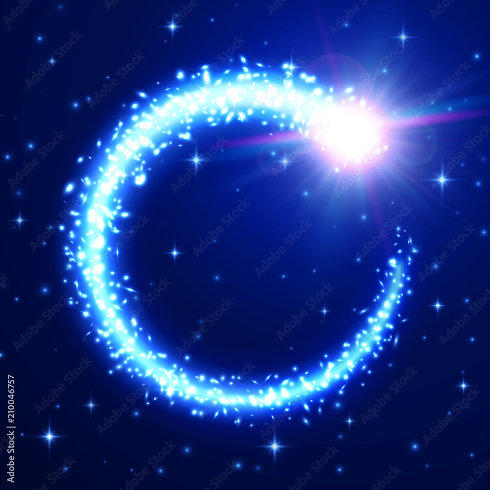 Flying meteor on blue starry night sky backdrop. Glowing light comet ...