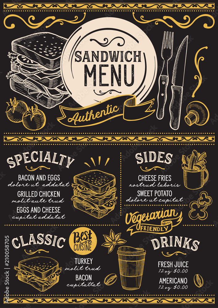 Sandwich restaurant menu. Vector food flyer for bar and cafe. Design ...