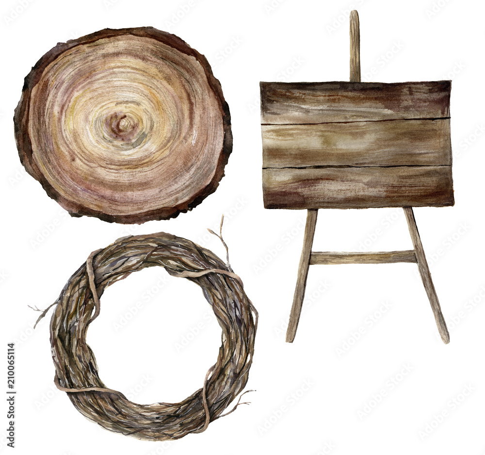 Watercolor woodern textured sign, cross section of a tree and tree ...