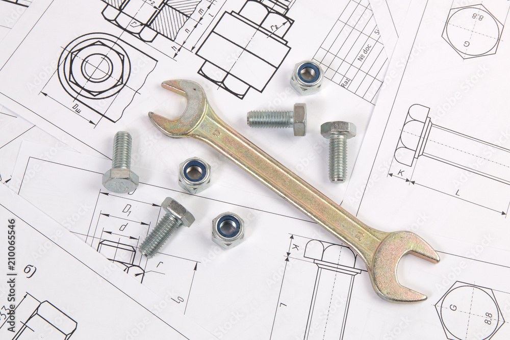 Technical drawings of bolt and nut. Engineering, technology and metalworking. Metal bolt, wrench ...
