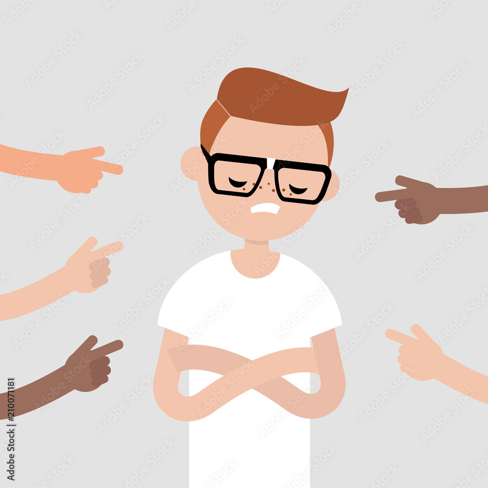 Victim of a bullying. Fingers pointing on the upset character. Mocking ...
