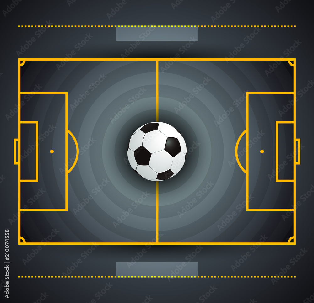 Football field with circular grass texture and soccer ball, black and ...