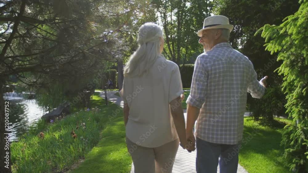 Back view of attractive senior mature couple walking together hand in ...