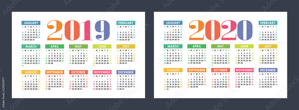 Colorful calendar set 2019, 2020. Bright, fun, cute. Week starts on ...