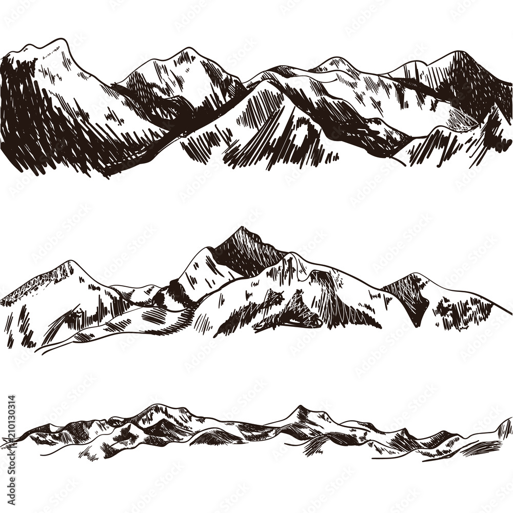 Vector Mountains Sketch, Hand Drawn Illustration, Engraved Hills. Stock ...