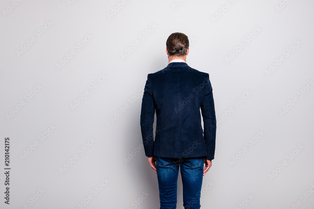 Rear back behind view photo of stunning well-dressed groomed brutal ...