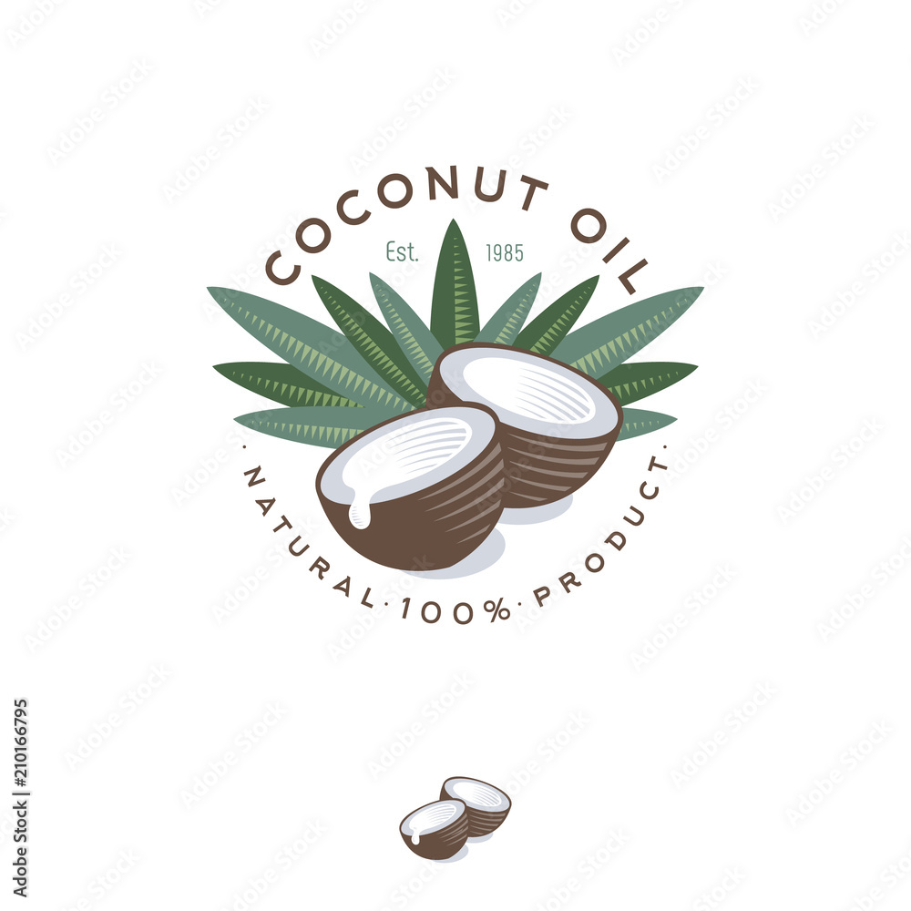 Coconut oil logo. Nature product coconut oil emblem. Ripe coco and half ...