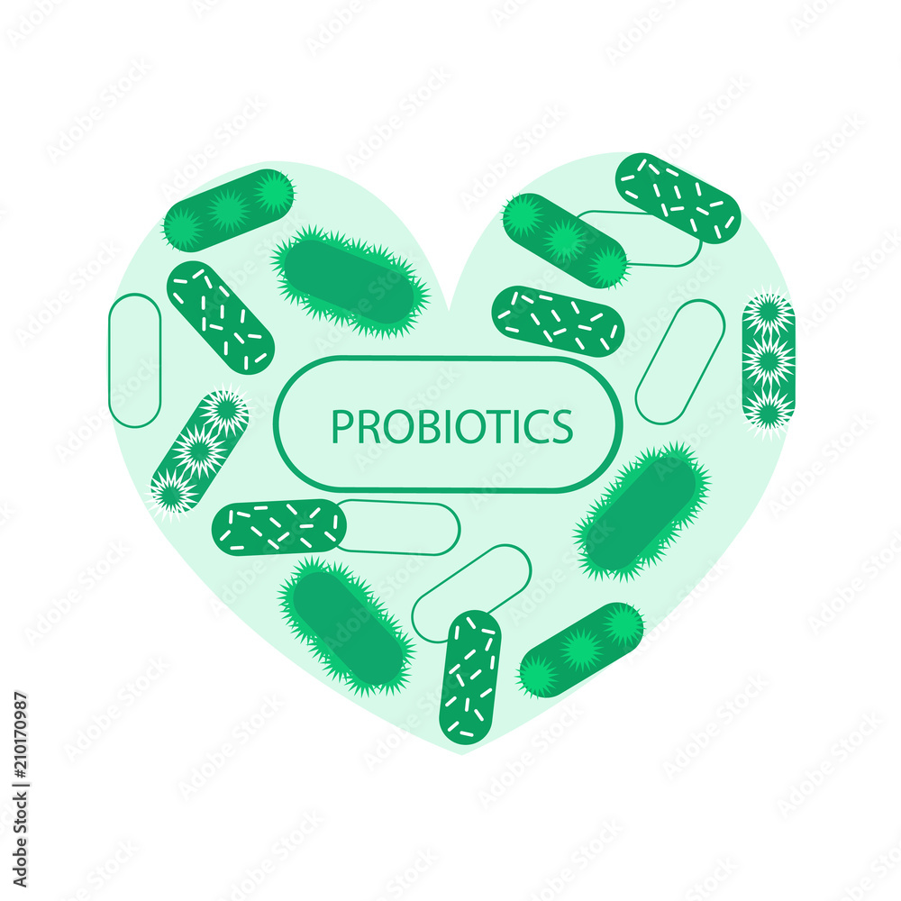 Made of Probiotic symbol heart and symbolic medical illustration of the ...