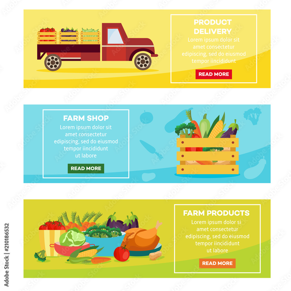 Farm products delivery posters, banners set. Farmer truck vehicle with ...