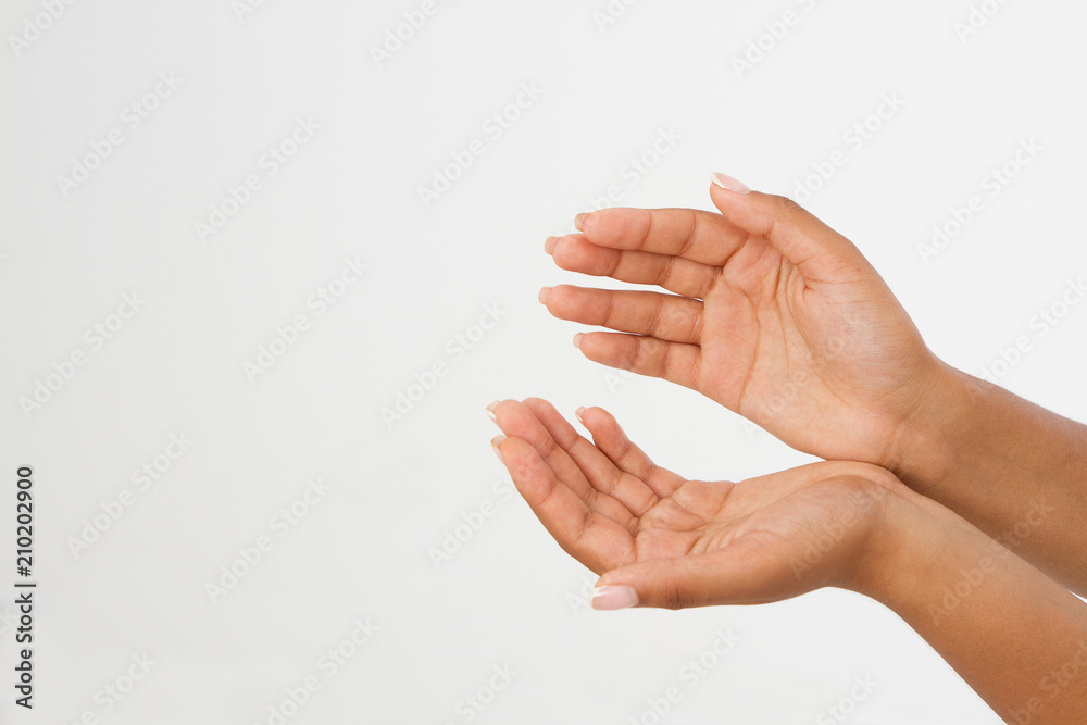 black Woman's hand two palm up. handbreadth isolated on a white ...