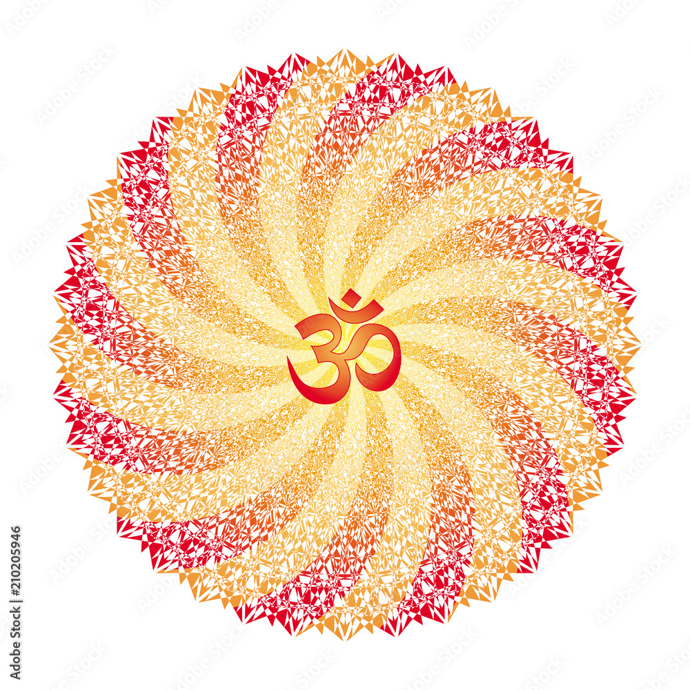 Openwork mandala in red and yellow tones with the Aum / Ohm / Om sign ...