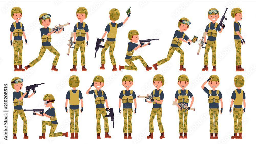 Soldier Male Vector. Different Poses. Military People In Action ...