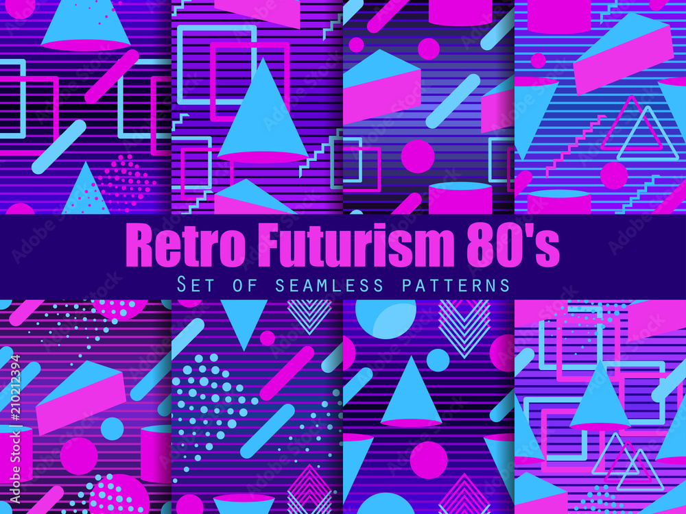 Retro futurism seamless pattern set. Geometric elements memphis in the ...