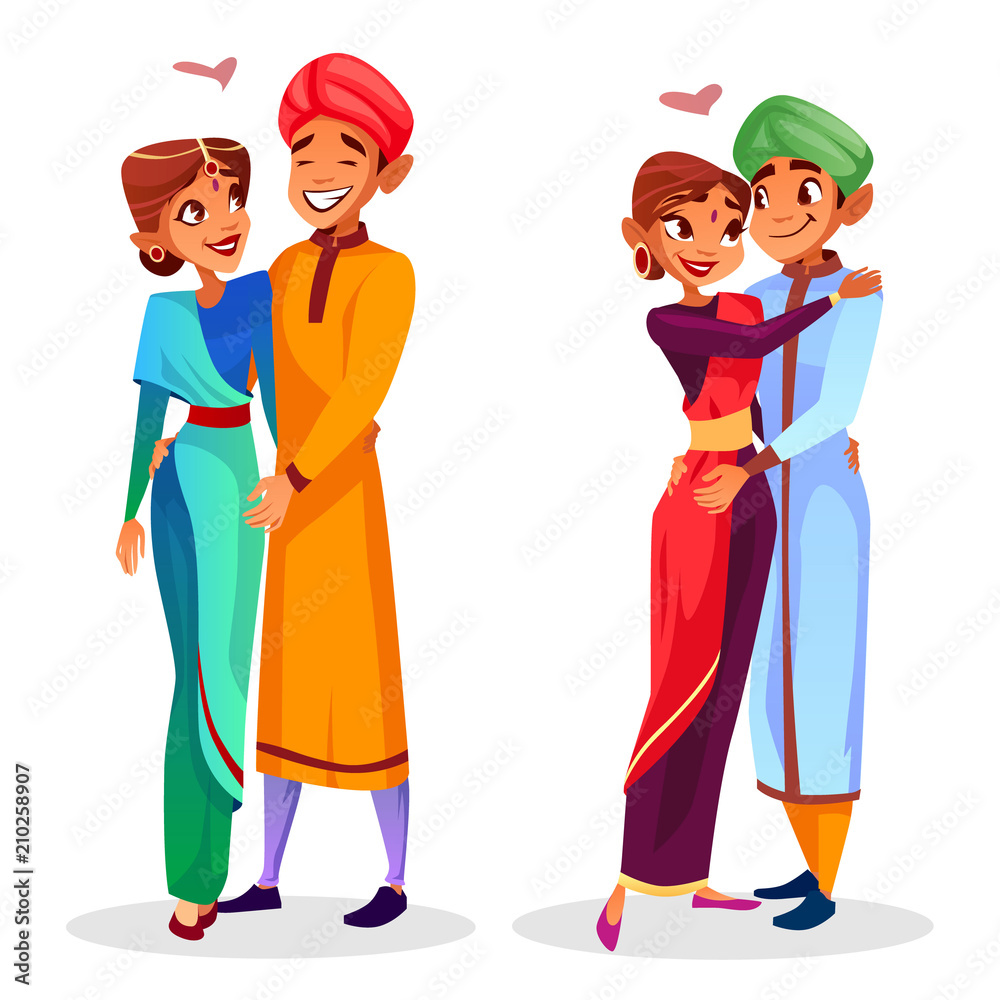 Vector cartoon indian couples hugging expressing love, togetherness set ...