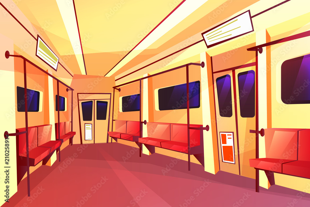 Vector cartoon subway train empty carriage inside interior with ...