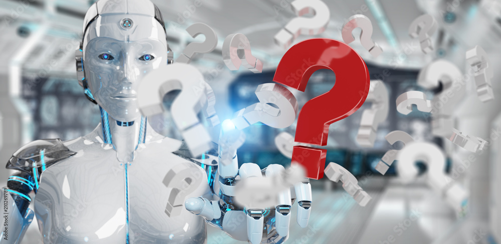 White robot using digital question marks 3D rendering Stock-Illustration | Adobe Stock