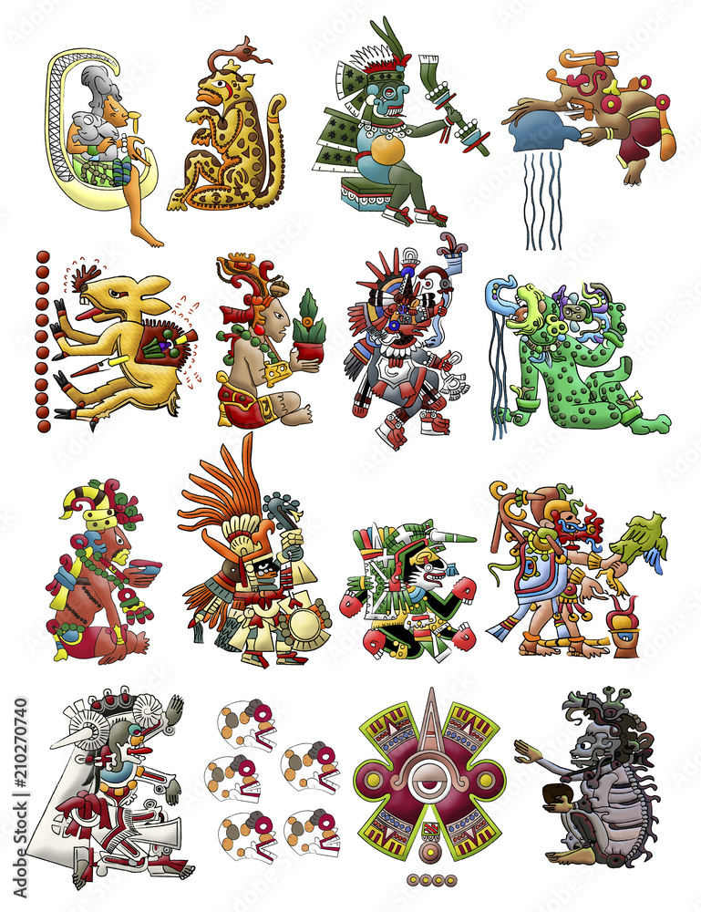 Collection of Mayan, Aztec deities isolated on white Stock Illustration ...