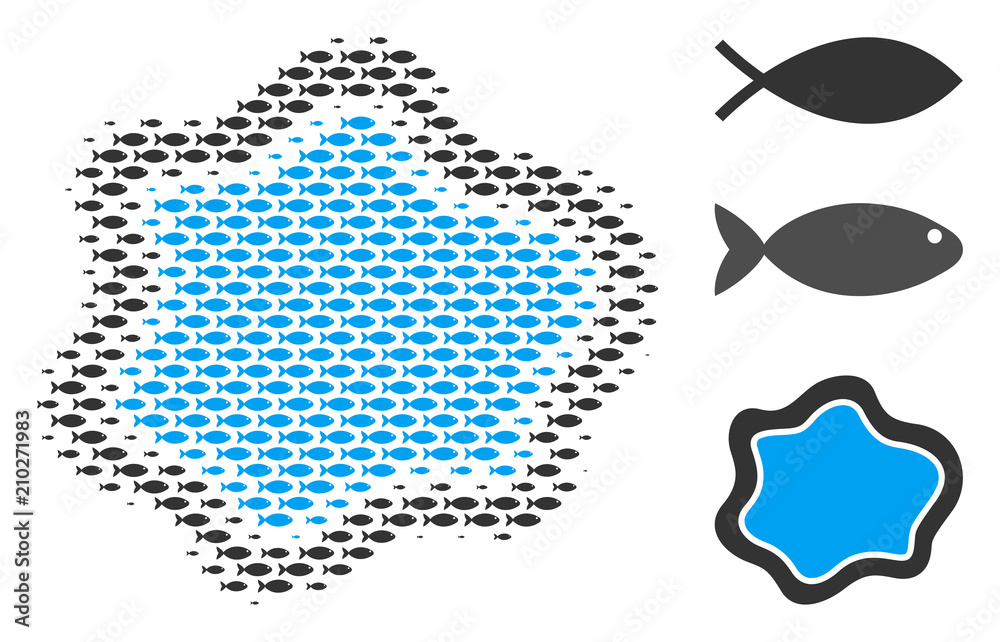 Fish water pool halftone collage. Vector fish symbols are composed into ...