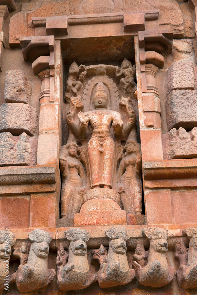 Lord Vishnu with Sri-devi, Bhu-devi, lower niche on the southern wall ...