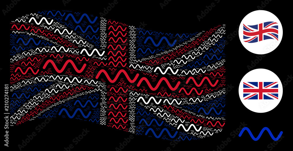 Waving English official flag pattern done of sinusoid wave pictograms ...