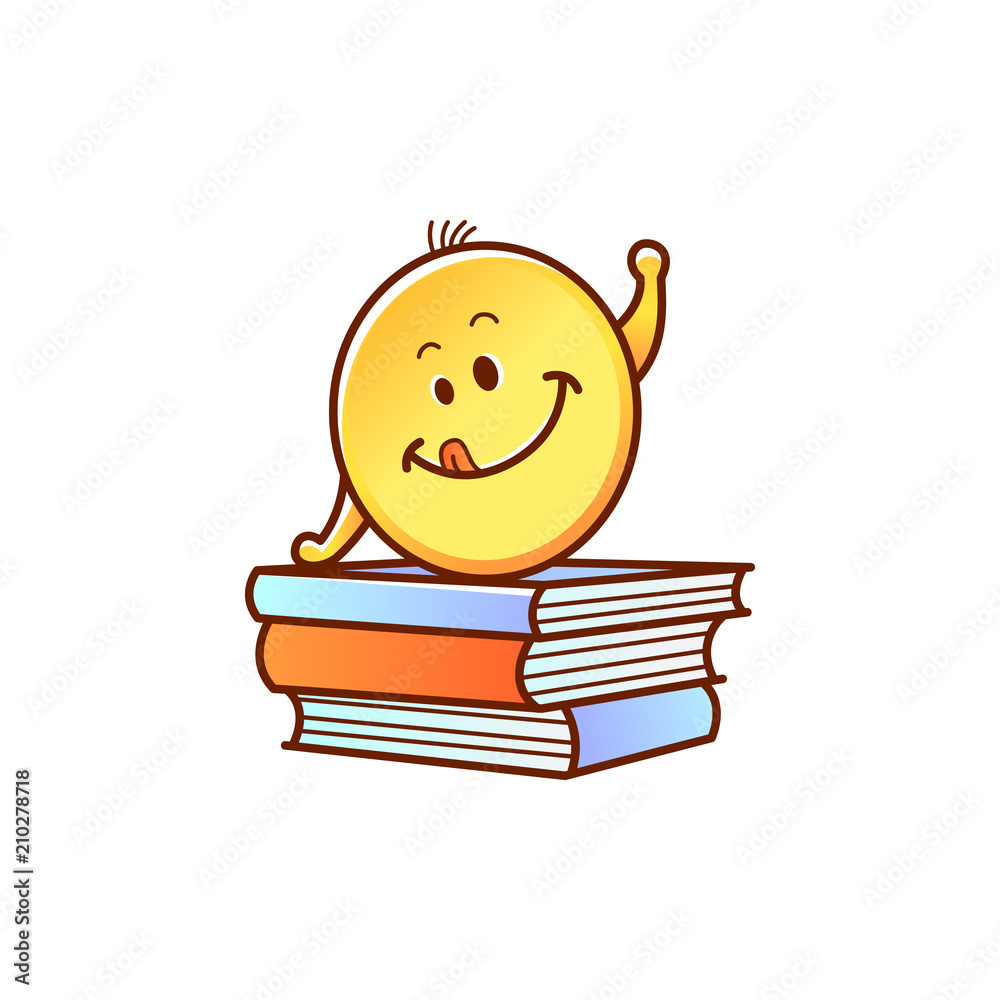 Smiley schoolchild on pile of books pulling hand up isolated on white ...