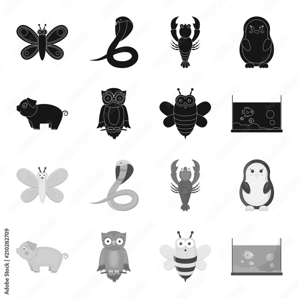 An unrealistic black,monochrome animal icons in set collection for ...