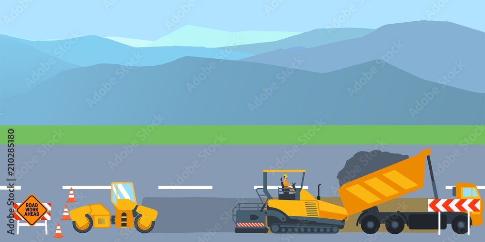 Road construction and road repair banner. Asphalt compactor road under ...