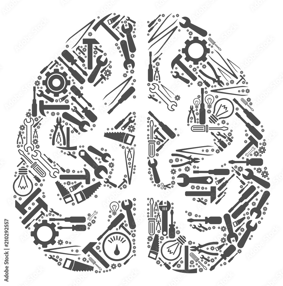 Brain mosaic of service instruments. Vector brain icon is organized of ...