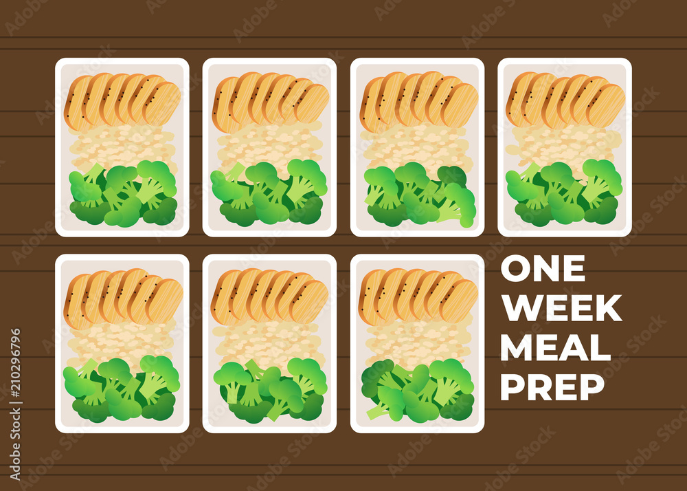 Vector illustration of meal preparation. Portion of food in container ...