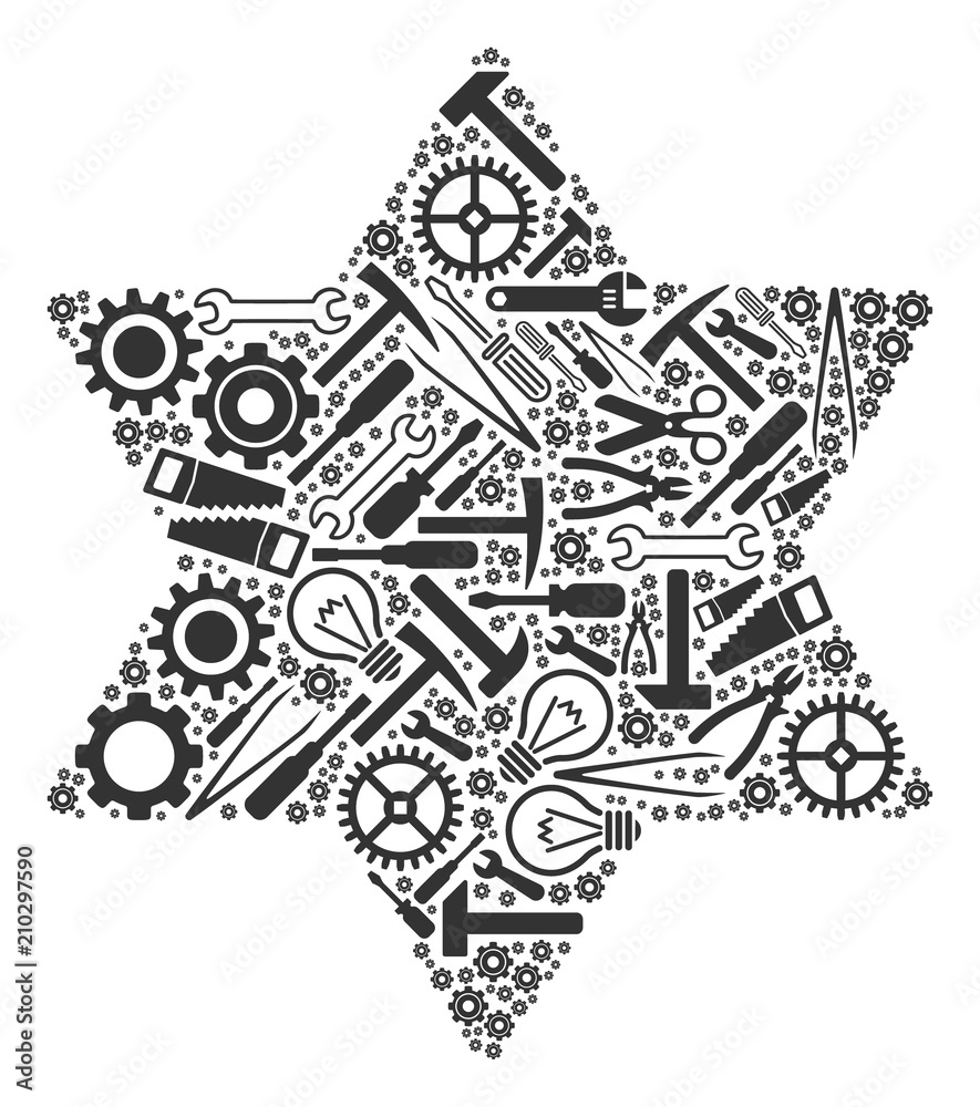 Six pointed star mosaic of service tools. Vector six pointed star icon ...