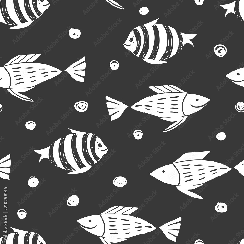 Fish simple sketh drawn by hand seamless pattern in cartoon style. For ...