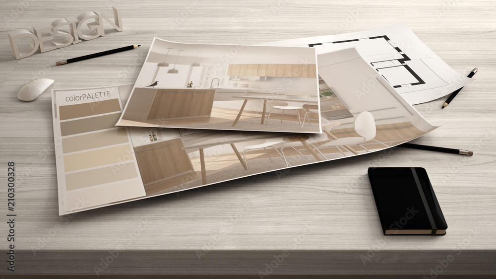 Architect designer concept, table close up with interior renovation ...